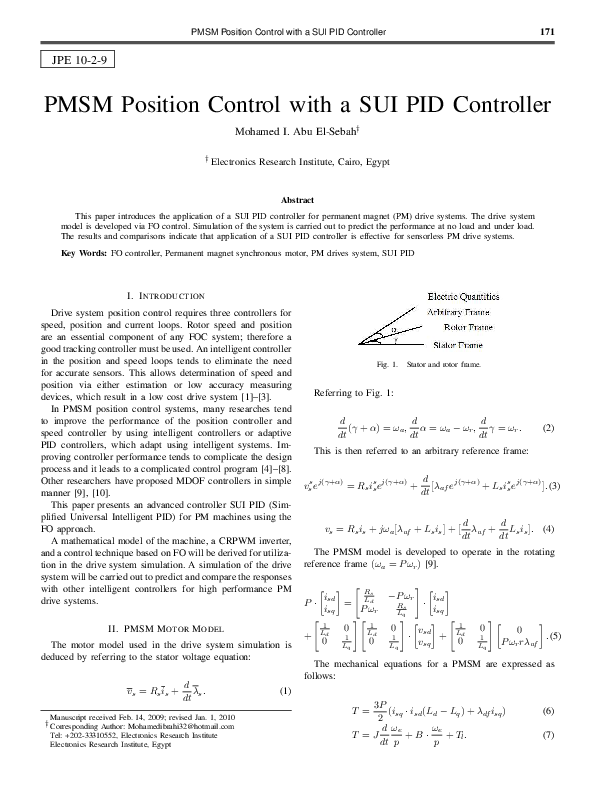 Pdf Pmsm Position Control With A Sui Pid Controller