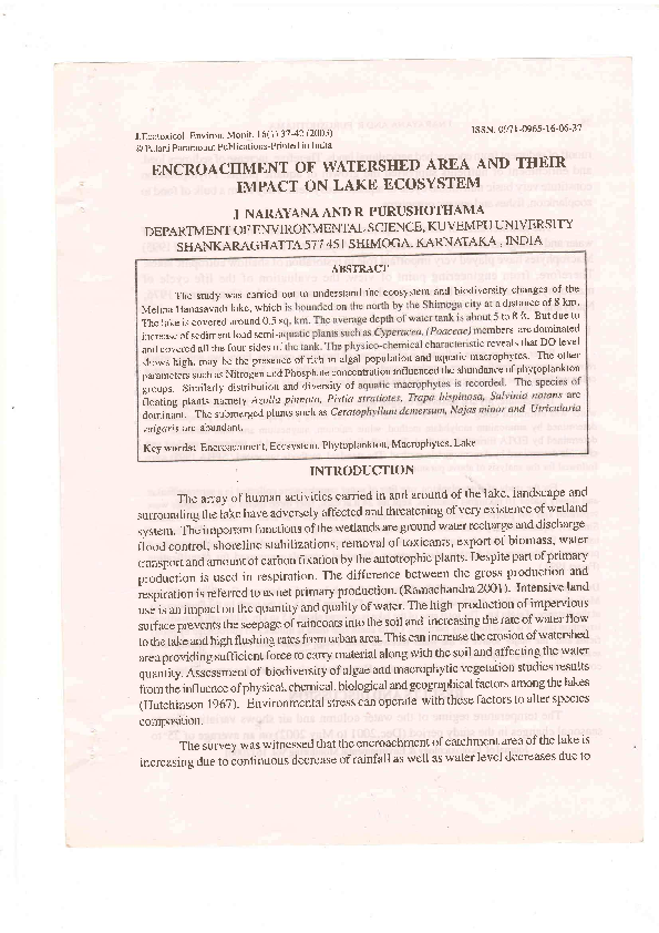 (PDF) ENCROACHMENT OF WATERSHED AREA AND THEIR IMPACT ON LAKE ECOSYSTEM