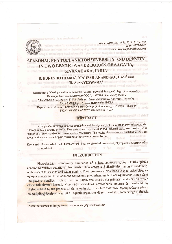 (PDF) SEASONAL PHYTOPLANKTON DIVERSITY AND DENSITY IN TWO LENTIC WATERBODIES OF SAGARA ...