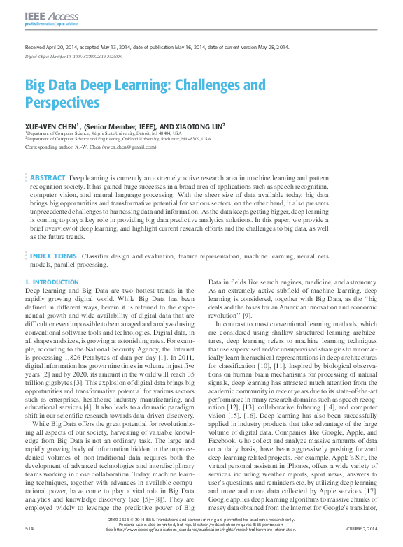 Pdf Big Data Deep Learning Challenges And Perspectives
