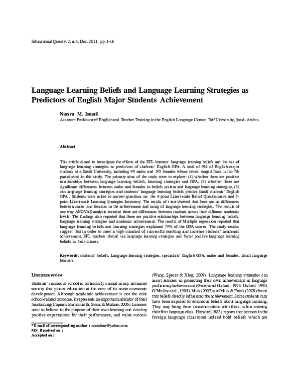 (PDF) Language Learning Beliefs and Language Learning Strategies as ...