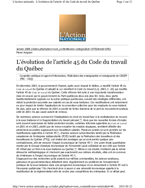 (PDF) L'évolution de l'article 45 du Code du travail du Québec