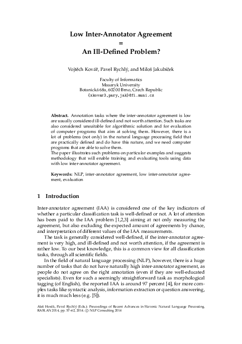 (PDF) Low Inter-Annotator Agreement = An Ill-Defined Problem?
