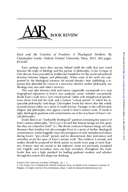 (PDF) Review: Kant and the Creation of Freedom: A Theological Problem ...