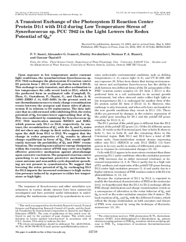 (PDF) A Transient Exchange of the Photosystem II Reaction Center Protein D1:1 with D1:2 during ...