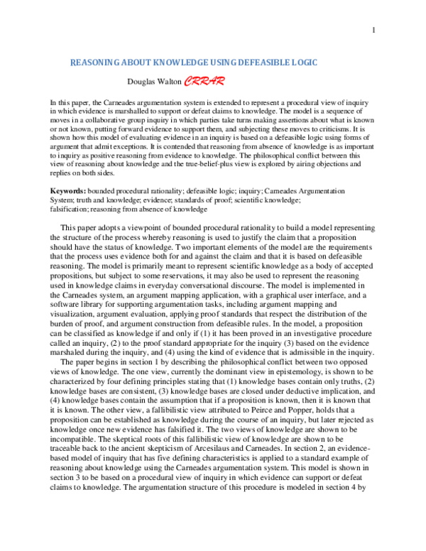 Pdf Reasoning About Knowledge Using Defeasible Logic