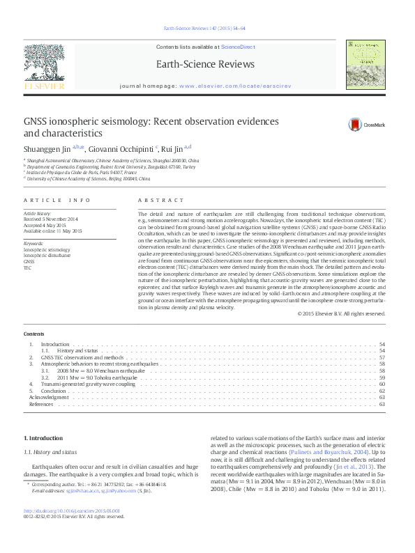 GNSS ionospheric seismology: Recent observation evidences and ...