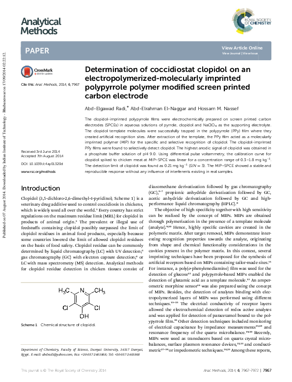 (PDF) Determination of coccidiostat clopidol on an electropolymerized ...