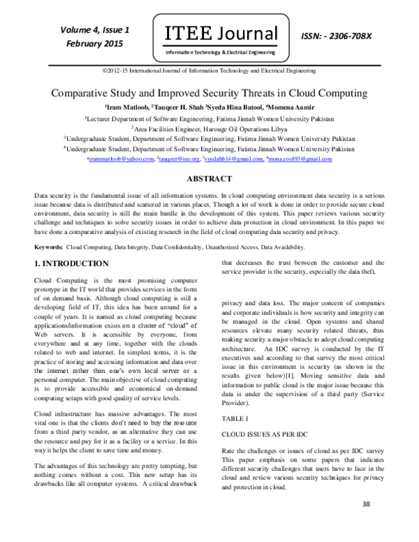 (PDF) Comparative Study and Improved Security Threats in Cloud Computing