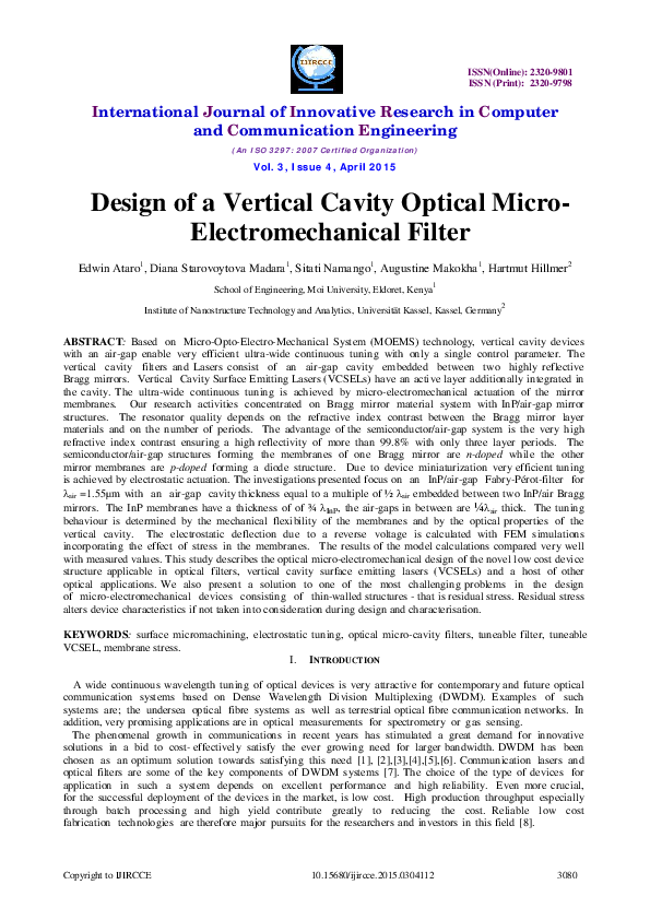 Design of a Vertical Cavity Optical Micro- Electromechanical Filter