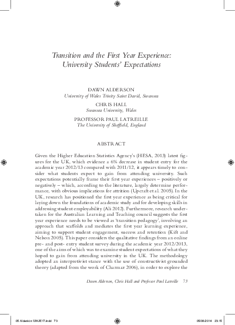 (PDF) Transition and the First Year Experience: University Students ...