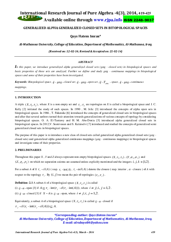Pdf Generalized Alpha Generalized Closed Sets In Bitopological Spaces