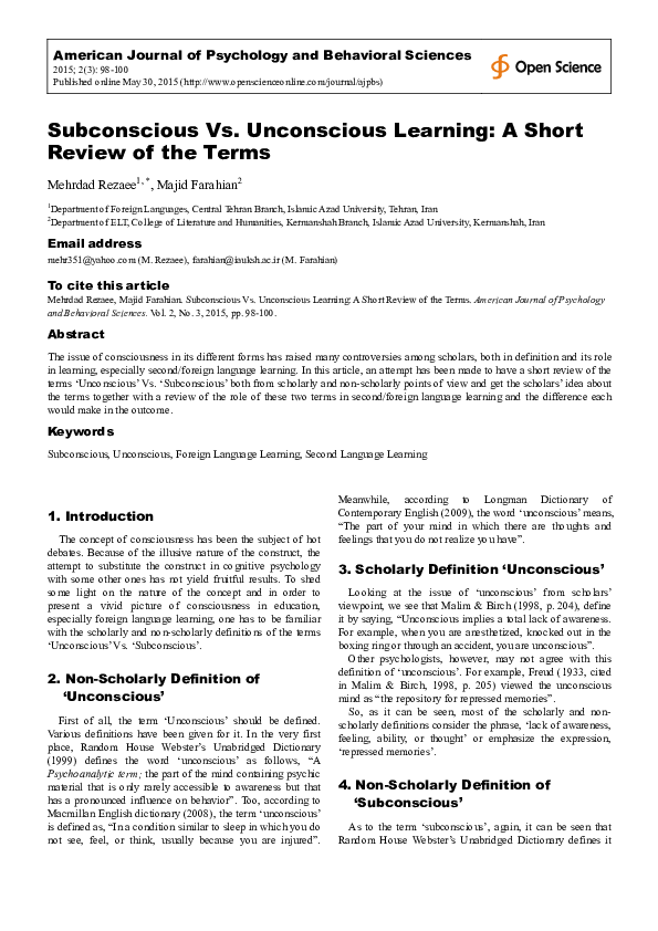 (PDF) Subconscious Vs. Unconscious Learning: A Short Review of the Terms