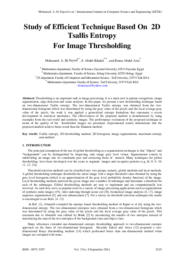 (PDF) Study of Efficient Technique Based On 2D Tsallis Entropy For Image Thresholding
