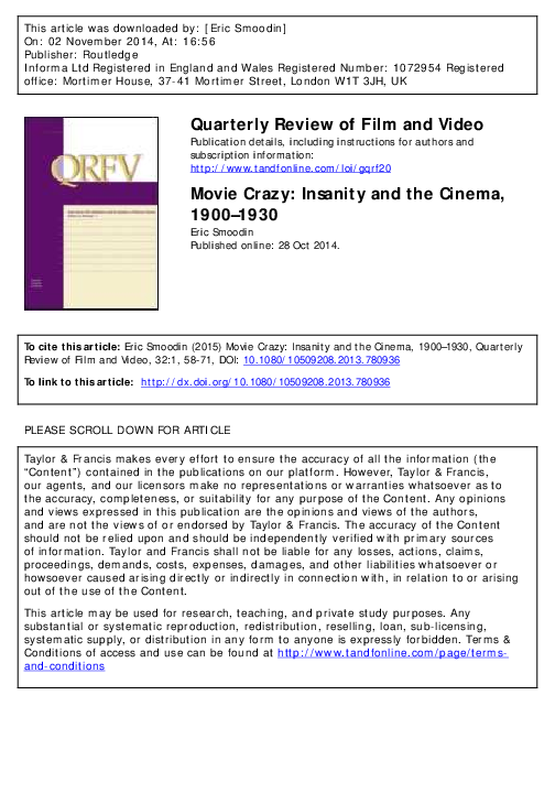 (PDF) Movie Crazy: Insanity and the Cinema, 1900-1930