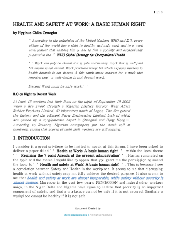 (PDF) HEALTH AND SAFETY AT WORK: A BASIC HUMAN RIGHT