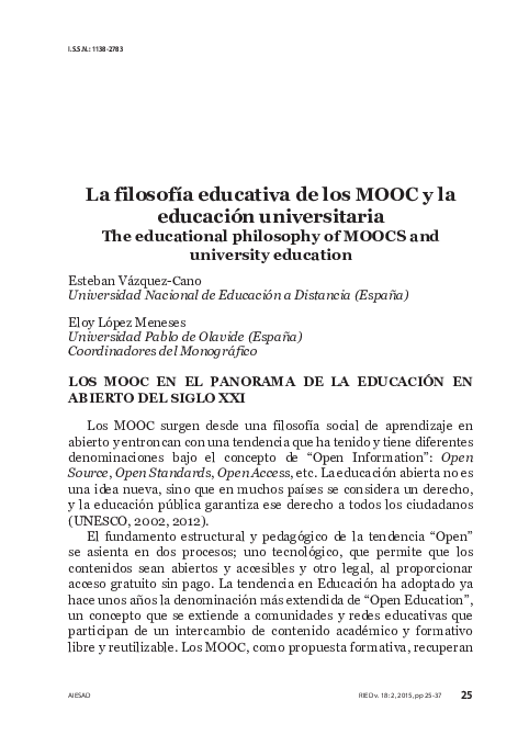 (PDF) La filosofía educativa de los MOOC y la educación universitaria