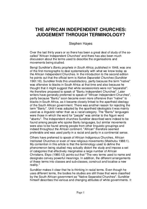 (PDF) The African Independent Churches: Judgement Through Terminology