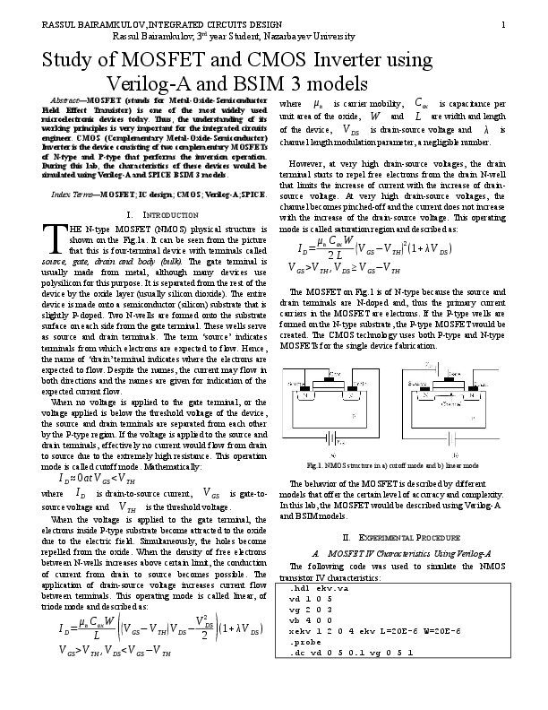 (DOC) Study of MOSFET and CMOS Inverter using Verilog-A and BSIM 3 models