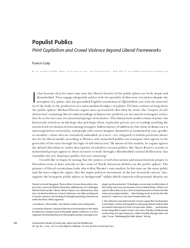 (PDF) Populist Publics: Print Capitalism and Crowd Violence Beyond ...