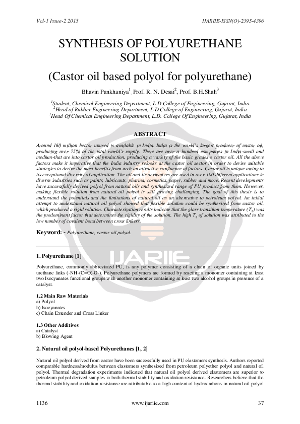 (PDF) Synthesis of Polyurethane Solution (Castor oil based polyol for ...