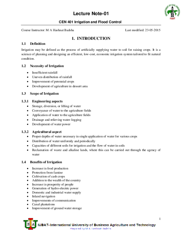 (PDF) LN01_AHB_Introduction and Importance of Irrigation
