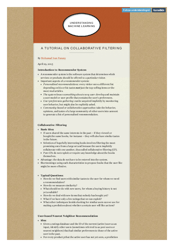 (PDF) A TUTORIAL ON COLLABORATIVE FILTERING