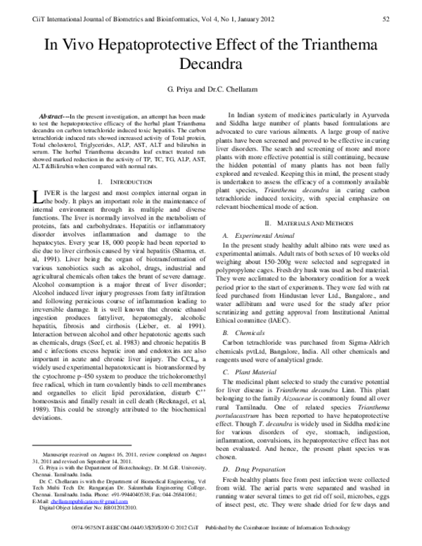 (PDF) In Vivo Hepatoprotective. Effect of the Trianthema decandra