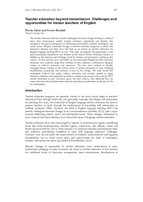 (PDF) Teacher education beyond transmission: Challenges, concerns, and opportunities for Iranian ...