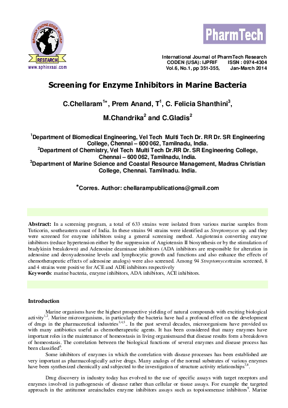 (PDF) Screening for Enzyme Inhibitors in Marine Bacteria