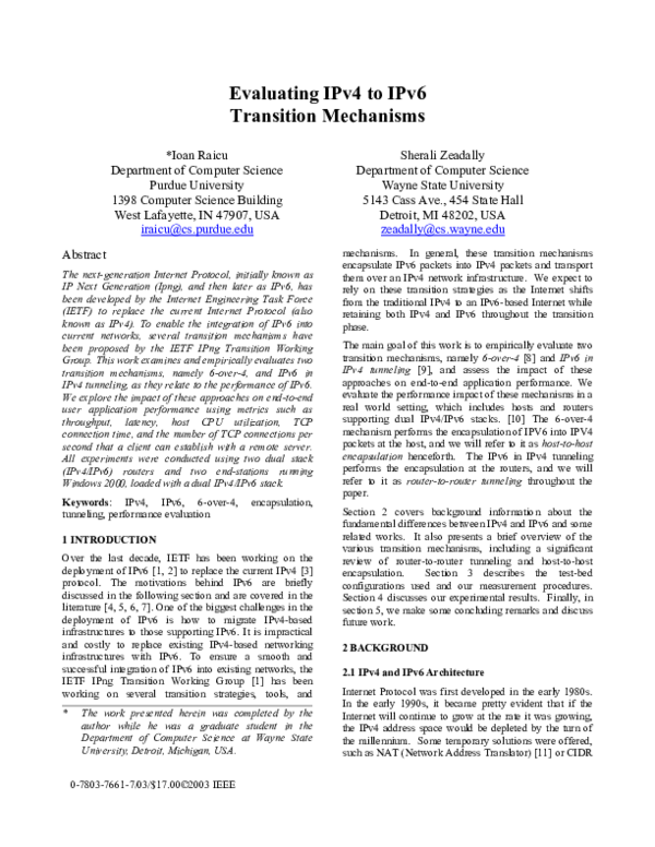 (PDF) Evaluating IPv4 to IPv6 Transition Mechanisms
