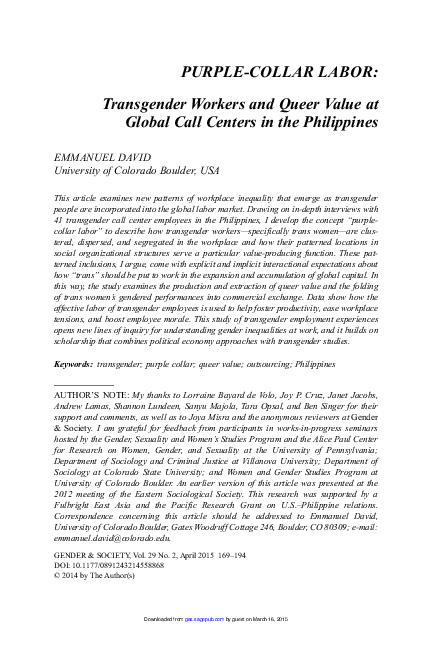(PDF) Purple-Collar Labor: Transgender Workers and Queer Value at ...