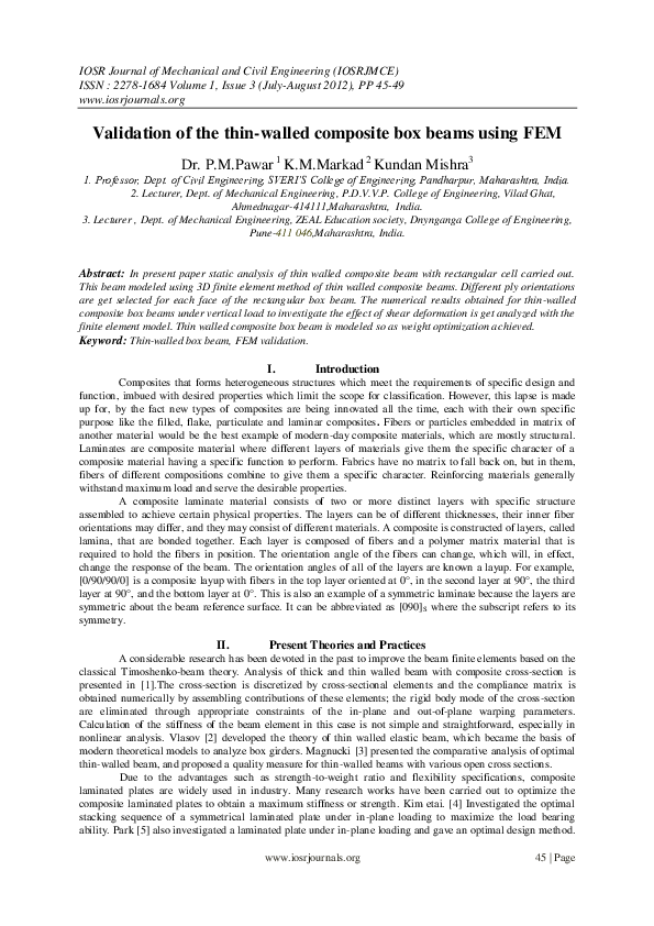 Pdf Validation Of The Thin Walled Composite Box Beams Using Fem