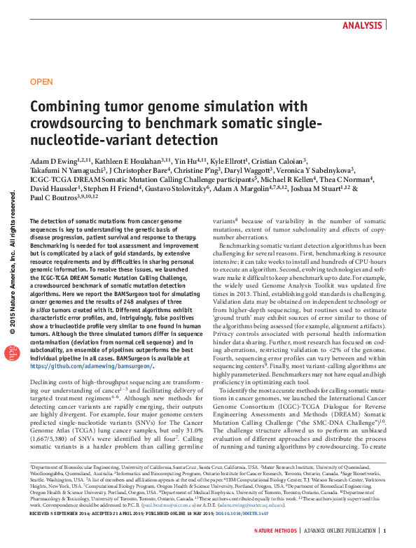 Pdf Combining Tumor Genome Simulation With Crowdsourcing To Benchmark Somatic Single