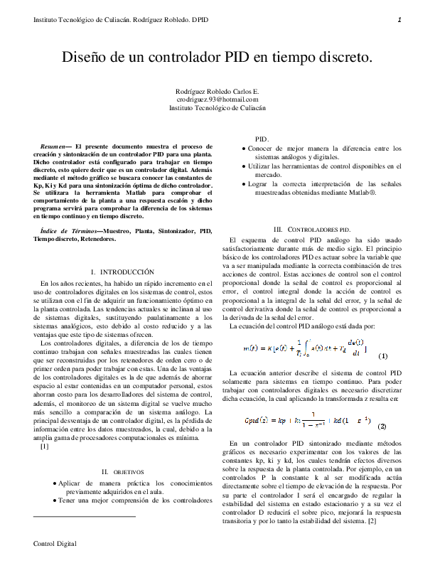 (PDF) Diseño de un controlador PID en tiempo discreto