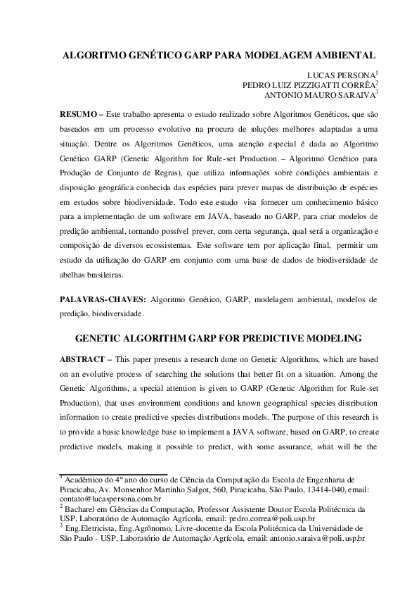 (PDF) GENETIC ALGORITHM GARP FOR PREDICTIVE MODELING | Antonio M Saraiva - Academia.edu