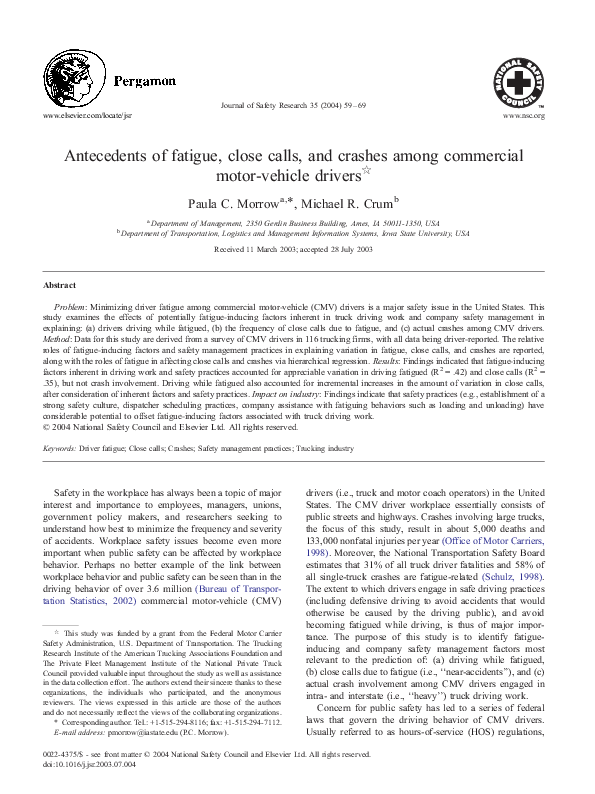 (PDF) Antecedents of fatigue, close calls, and crashes among commercial ...
