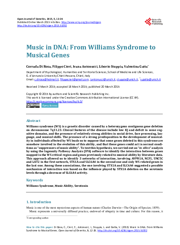 (PDF) Music in DNA: From Williams Syndrome to Musical Genes