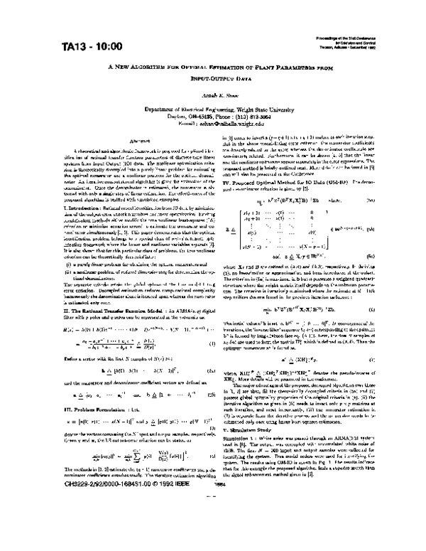 Pdf A New Algorithm For Optimal Estimation Of Plant Parameters From Input Output Data