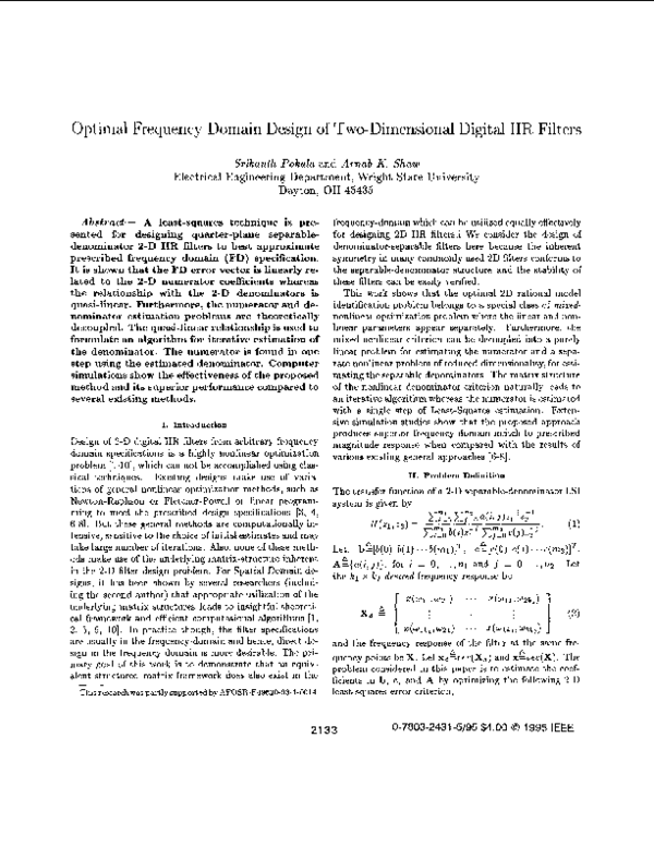 Pdf Optimal Frequency Domain Design Of Two Dimensional Digital Iir Filters
