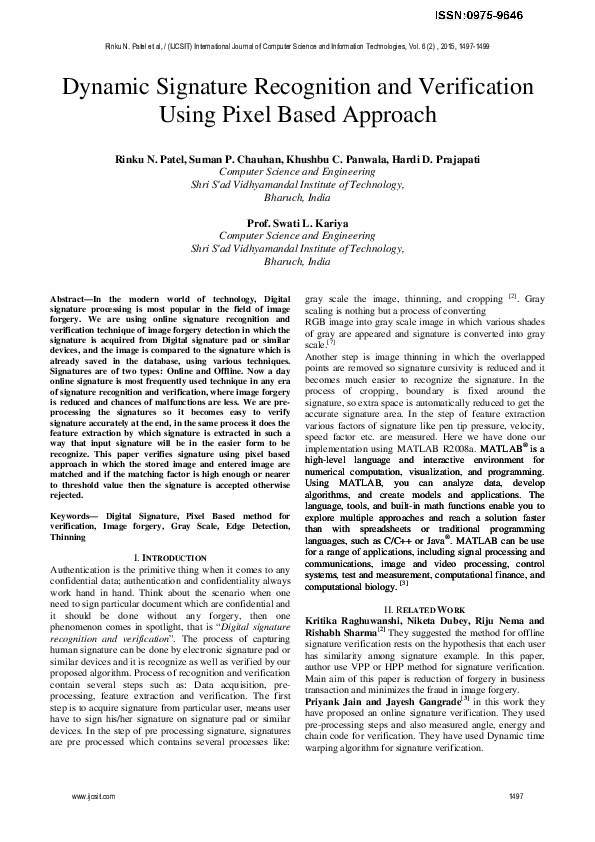Dynamic Signature Recognition And Verification Using Pixel Based Approach