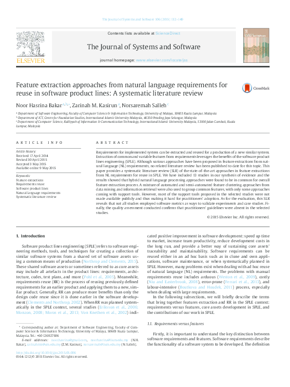 Pdf Feature Extraction Approaches From Natural Language Requirements For Reuse In Software