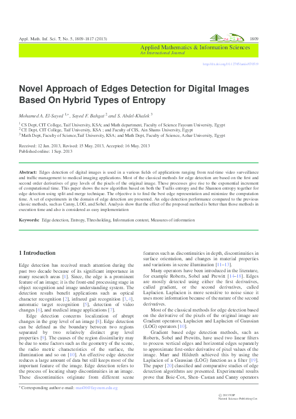 (PDF) Novel Approach of Edges Detection for Digital Images Based On Hybrid Types of Entropy