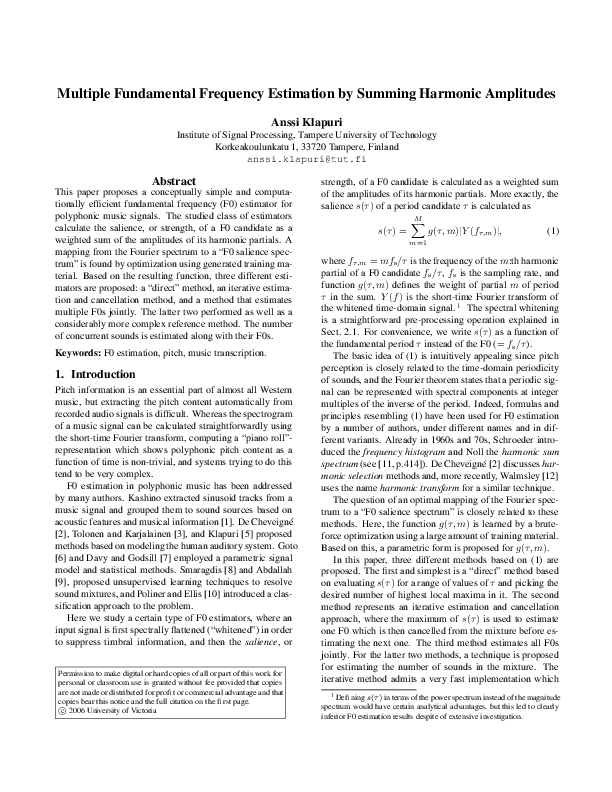(PDF) Multiple Fundamental Frequency Estimation by Summing Harmonic Amplitudes