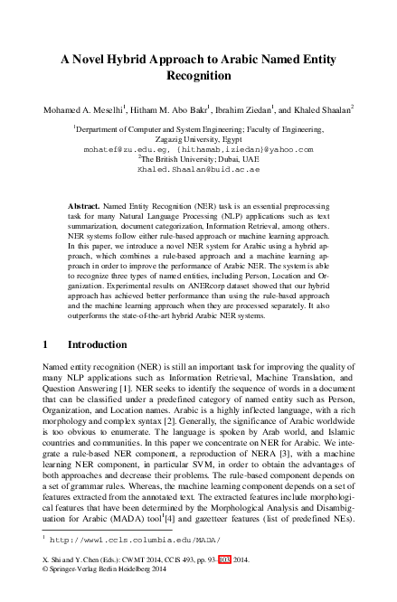 Pdf A Novel Hybrid Approach To Arabic Named Entity Recognition