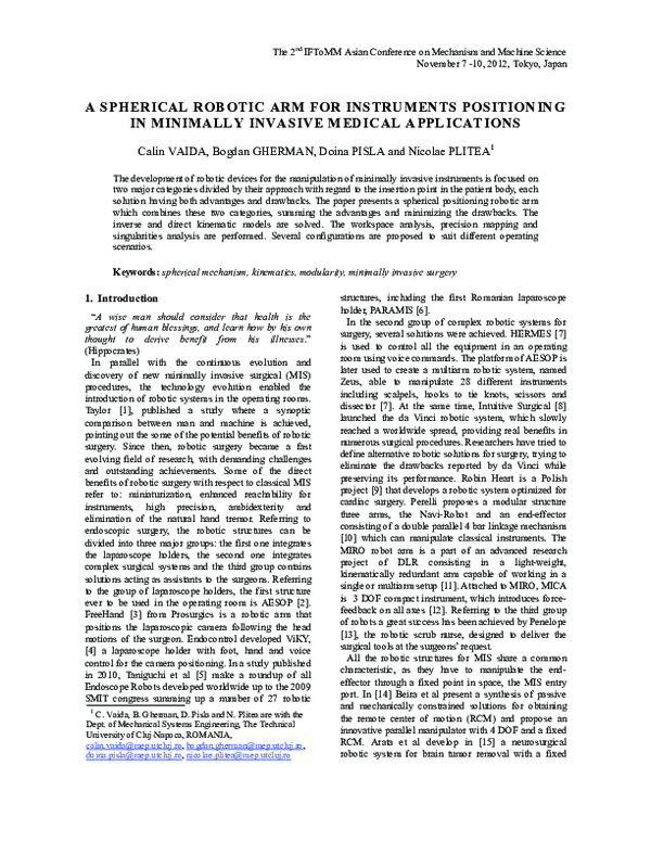 (PDF) A SPHERICAL ROBOTIC ARM FOR INSTRUMENTS POSITIONING IN MINIMALLY ...