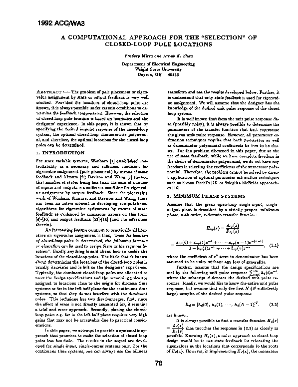 Pdf A Computational Approach For The Selection Of Closed Loop Pole 1100