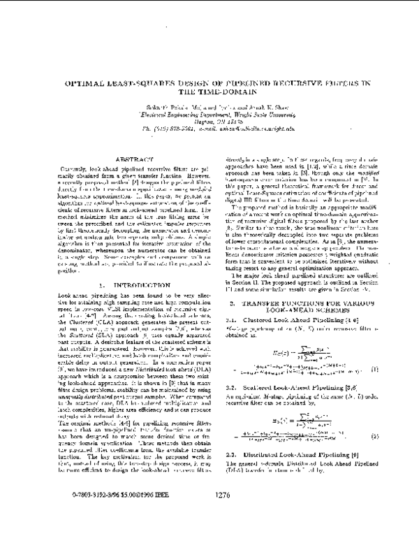(PDF) Optimal least-squares design of pipelined recursive filters in the time-domain