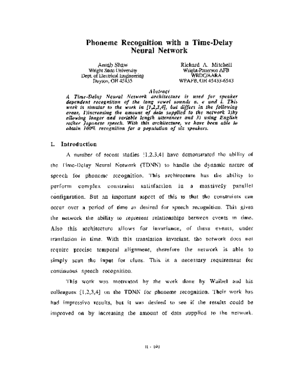 (PDF) Phoneme recognition with a time-delay neural network