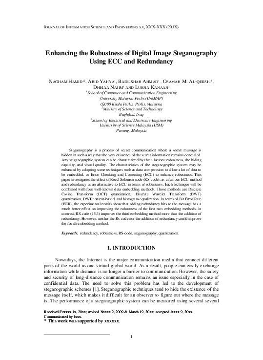 (PDF) Enhancing the Robustness of Digital Image Steganography Using ECC and Redundancy